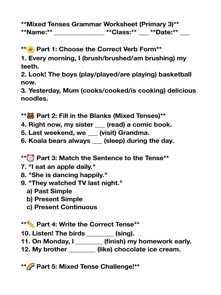 P3 Mixed Tenses Grammar Worksheet (Primary 3) | PDF