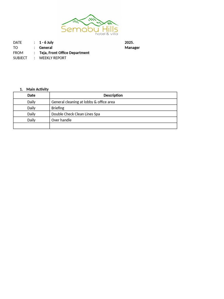Front Office Weekly Report Form | PDF | Hotel