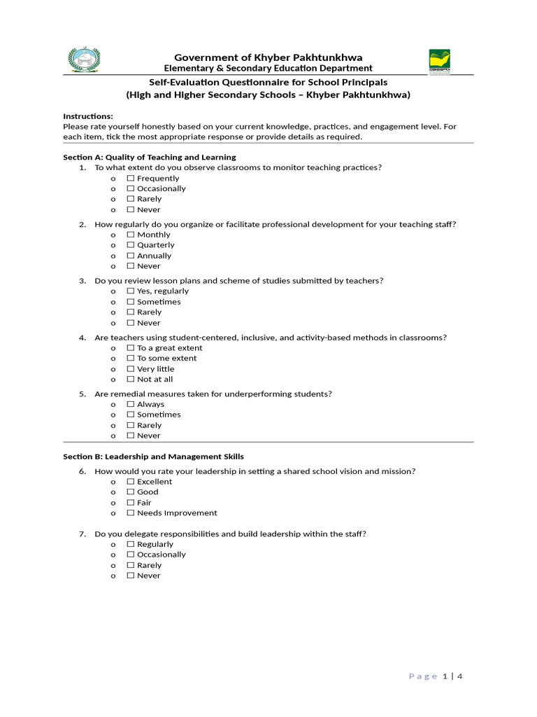 Self Evaluation Questionnaire of HS & HSS School Heads 2025 | PDF ...