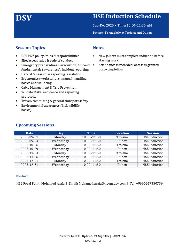 DSV HSE Induction Schedule | PDF