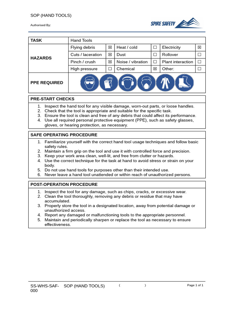 SS WHS SAF 000 Safe Operating Procedure Hand Tools | PDF