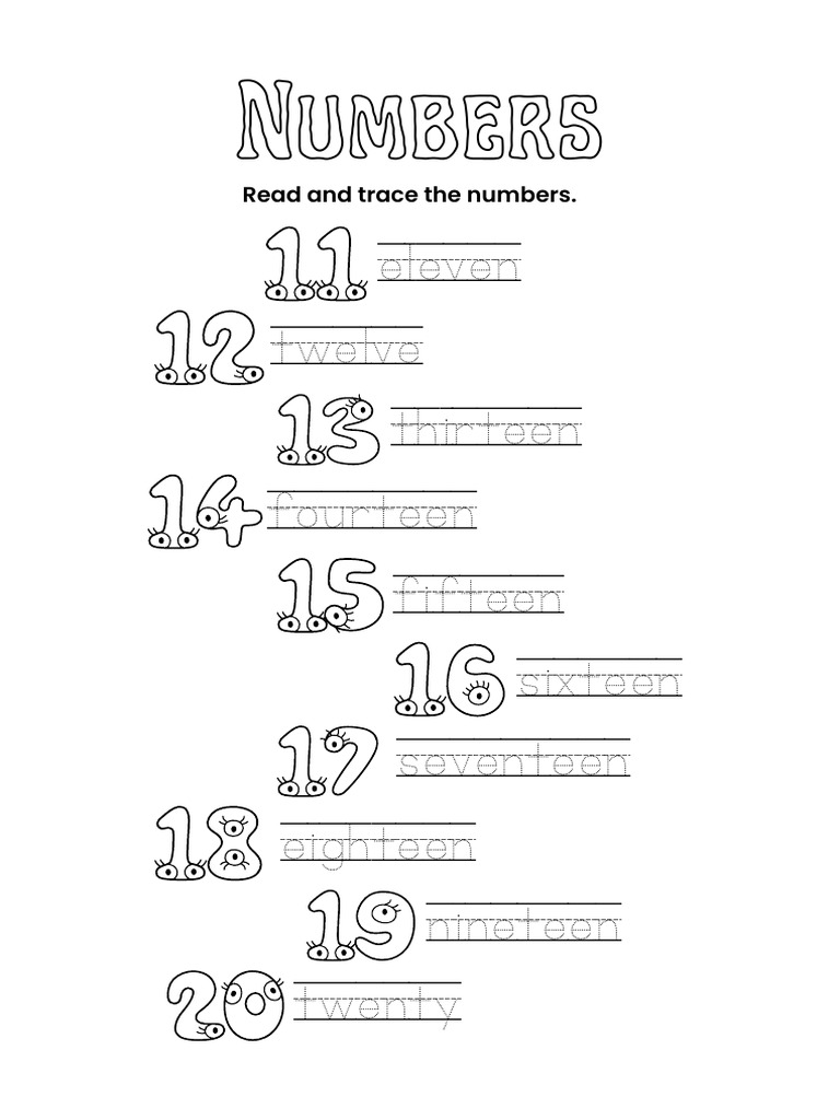 Monster Numbers 11 To 20 English Worksheet in Handwriting Style | PDF