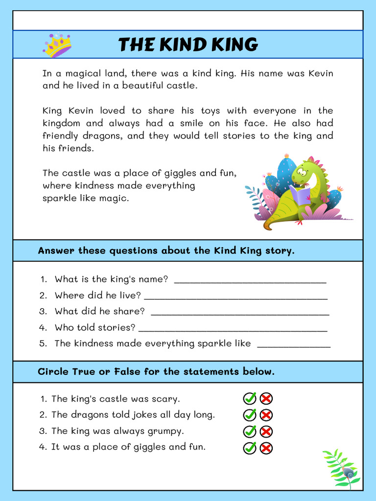 Kind King Story Worksheets for Students | PDF