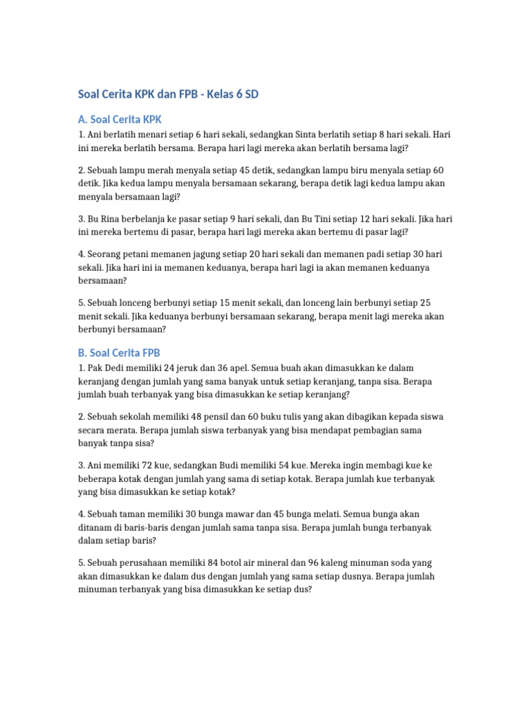 Soal KPK FPB Kelas6 SD | PDF