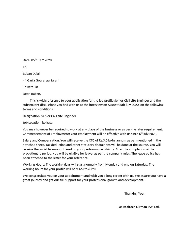 Appointment Letter for Senior Civil Engineer | PDF