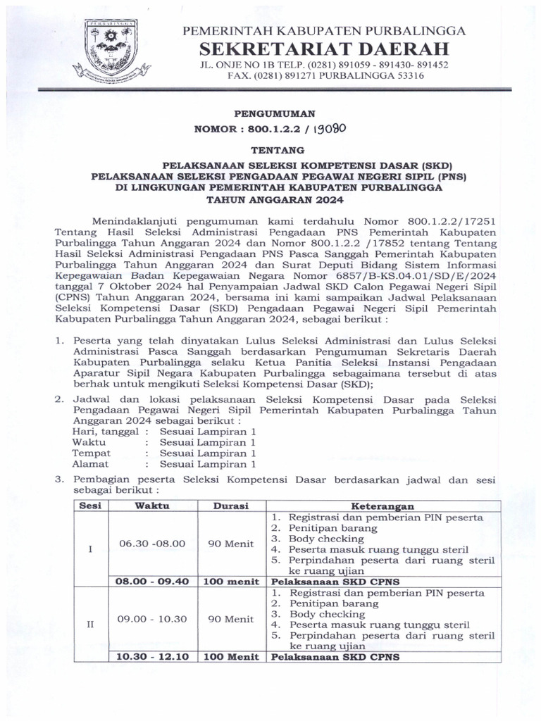 Pelaksanaan Skd Cpns Pemkab Purbalingga 2024 | PDF