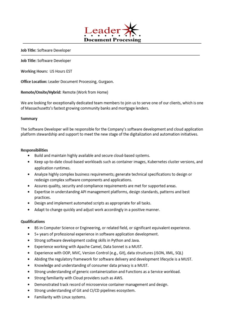 Job Description Software Developer | PDF | Cloud Computing | Software ...