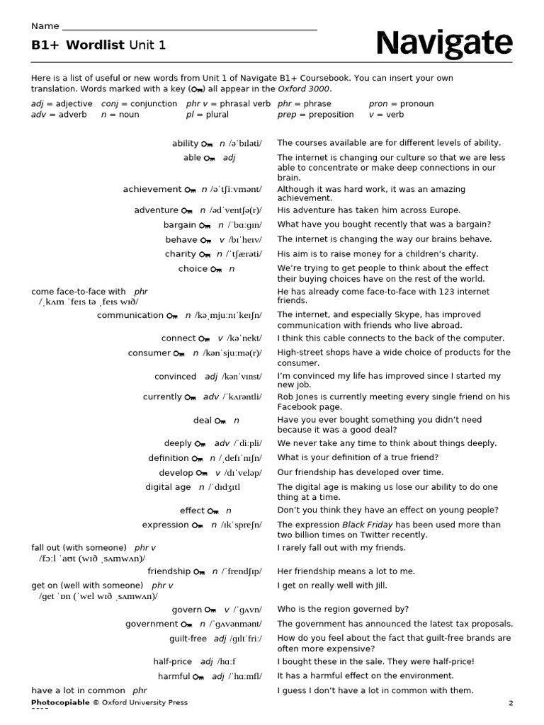 Navigate B1+ Wordlist: Unit 1 | PDF | Verb | Adverb