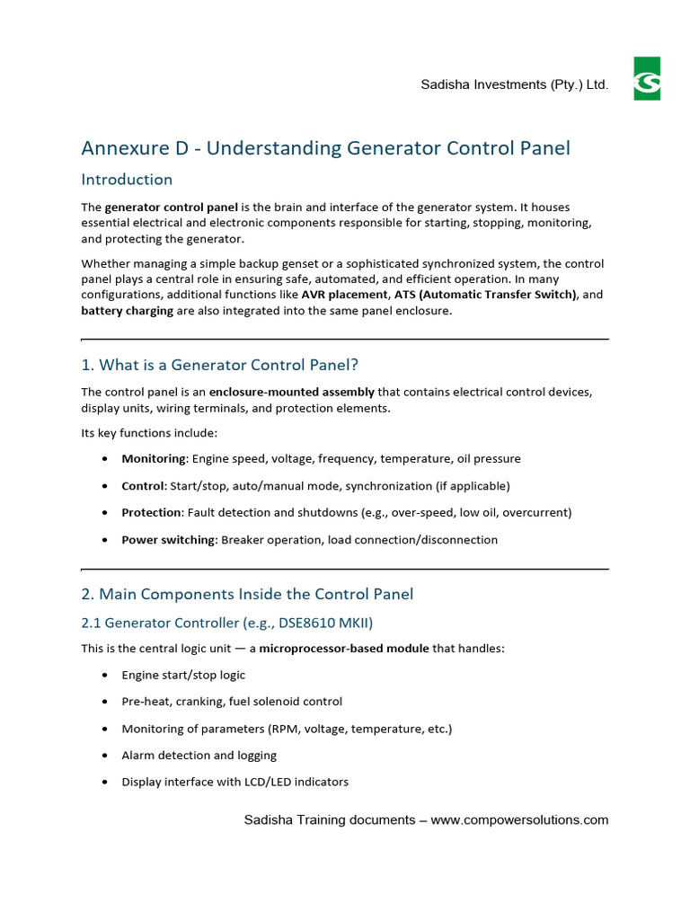 Generator Control Panel Overview | PDF | Relay | Electric Generator