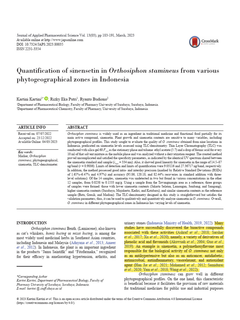 Quantification of Sinensetin in O. Stamineus From Various ...