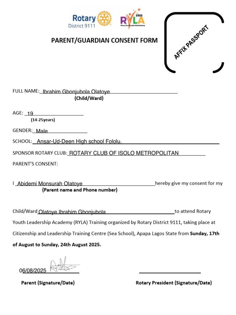 RYLA Consent Form for Youth Participation | PDF