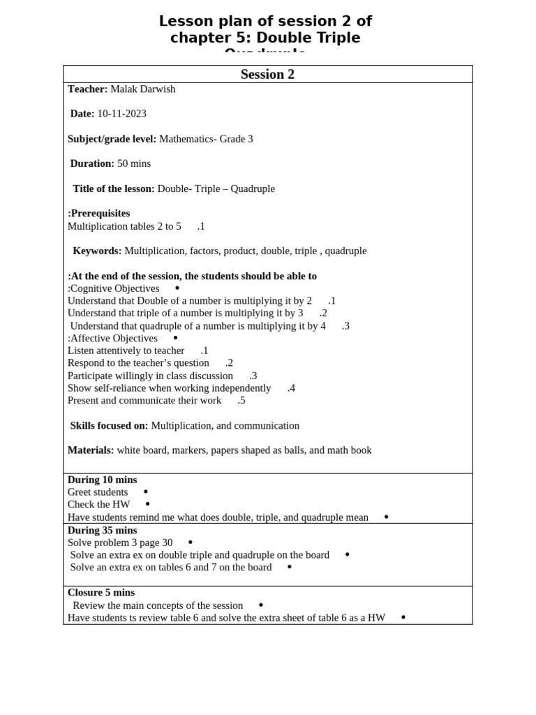 Malak GR 3 CHP 5 Lesson Plan Double Triple Quadriple Session 1 November ...