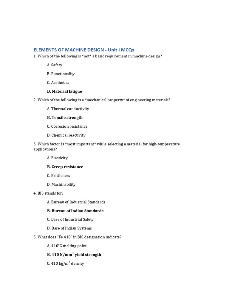 Machine Design MCQs and Answers | PDF | Strength Of Materials ...
