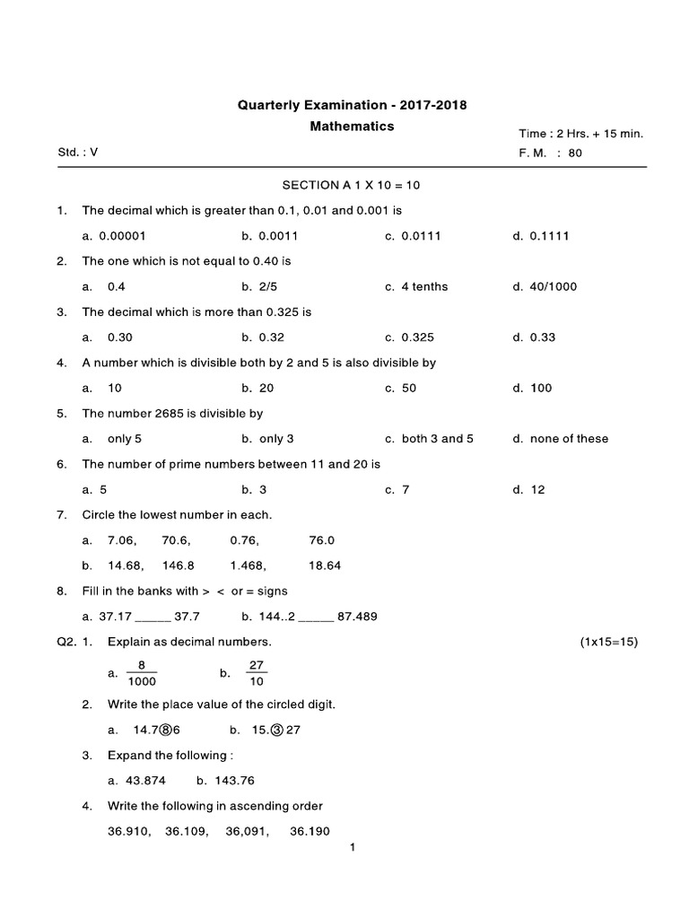 Icse Class 5 Qty Mathematics 2018 | PDF