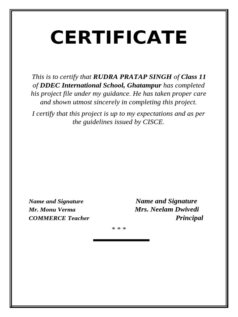 Certificate for Class 11 Commerce Project | PDF