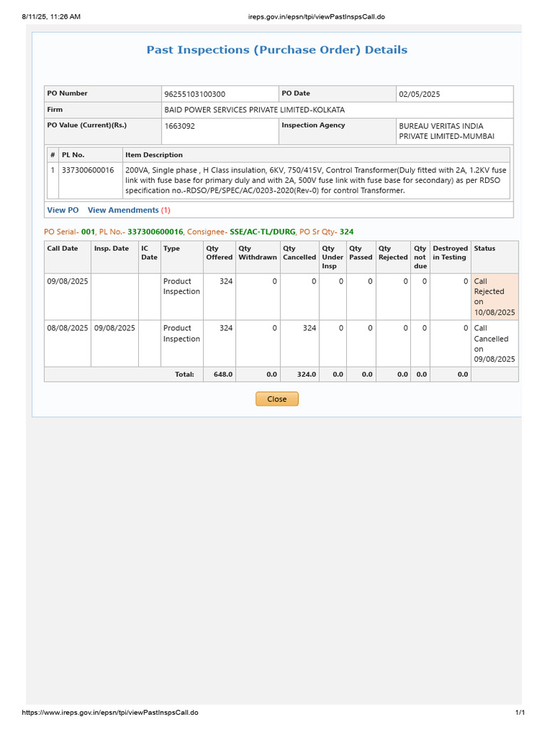 Past Inspections (Purchase Order) Details-IREPS | PDF | Electric Power | Electricity