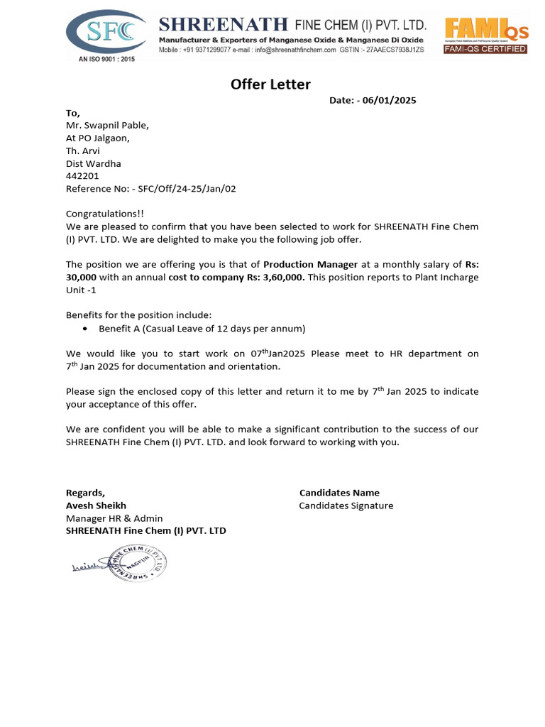 SFC Offer Letter Swapnil Pable | PDF
