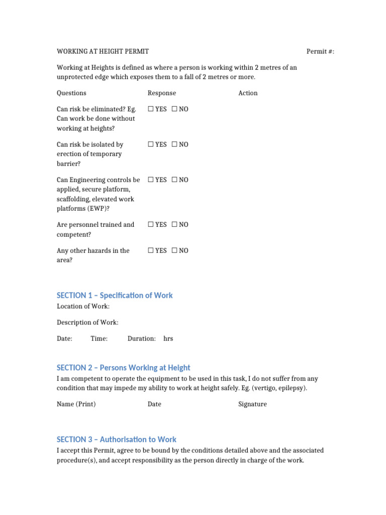 Working at Height Permit Full | PDF | Workplace | Working Conditions