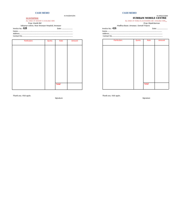 Bangla Cash Memo Design Template | PDF