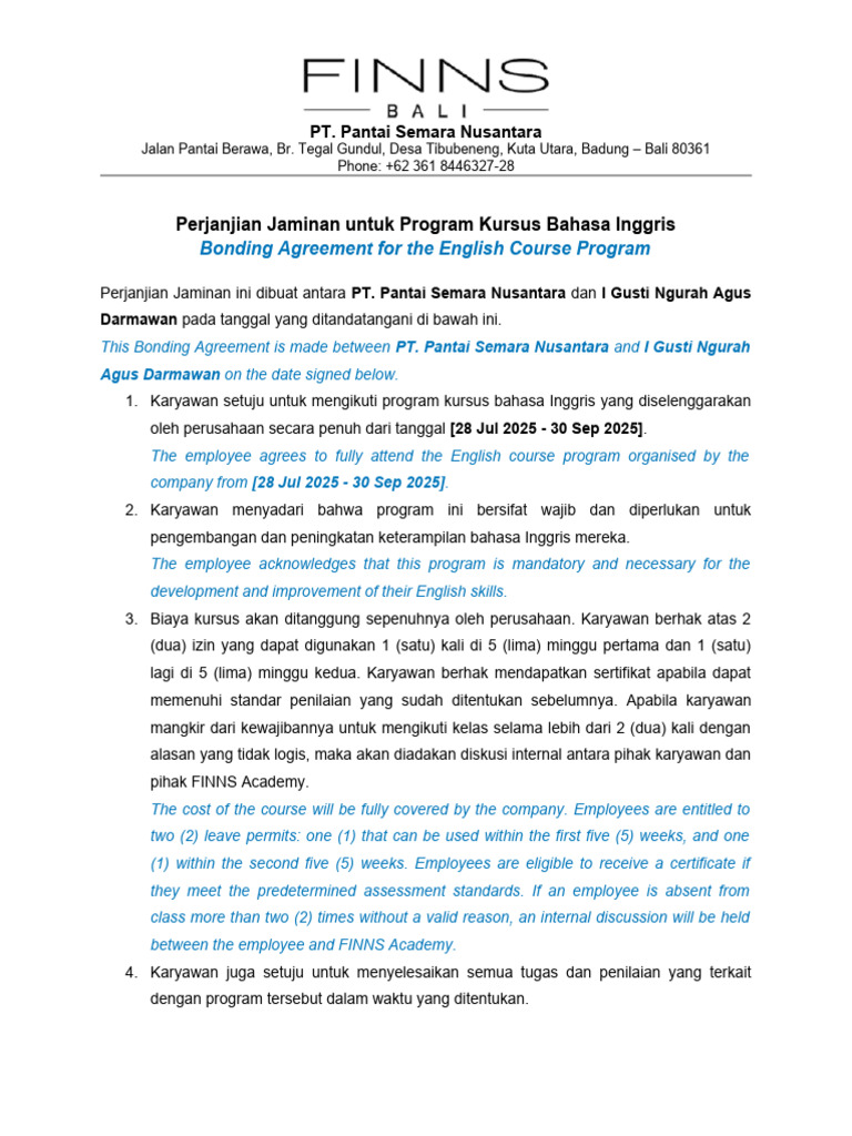 I Gusti Ngurah Agus Darmawan Bonding Agreement 28 Jul 2025 30 Sep 2025 | PDF