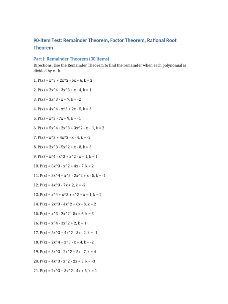 Polynomial Theorems Test With Answers | PDF | Mathematics | Number Theory