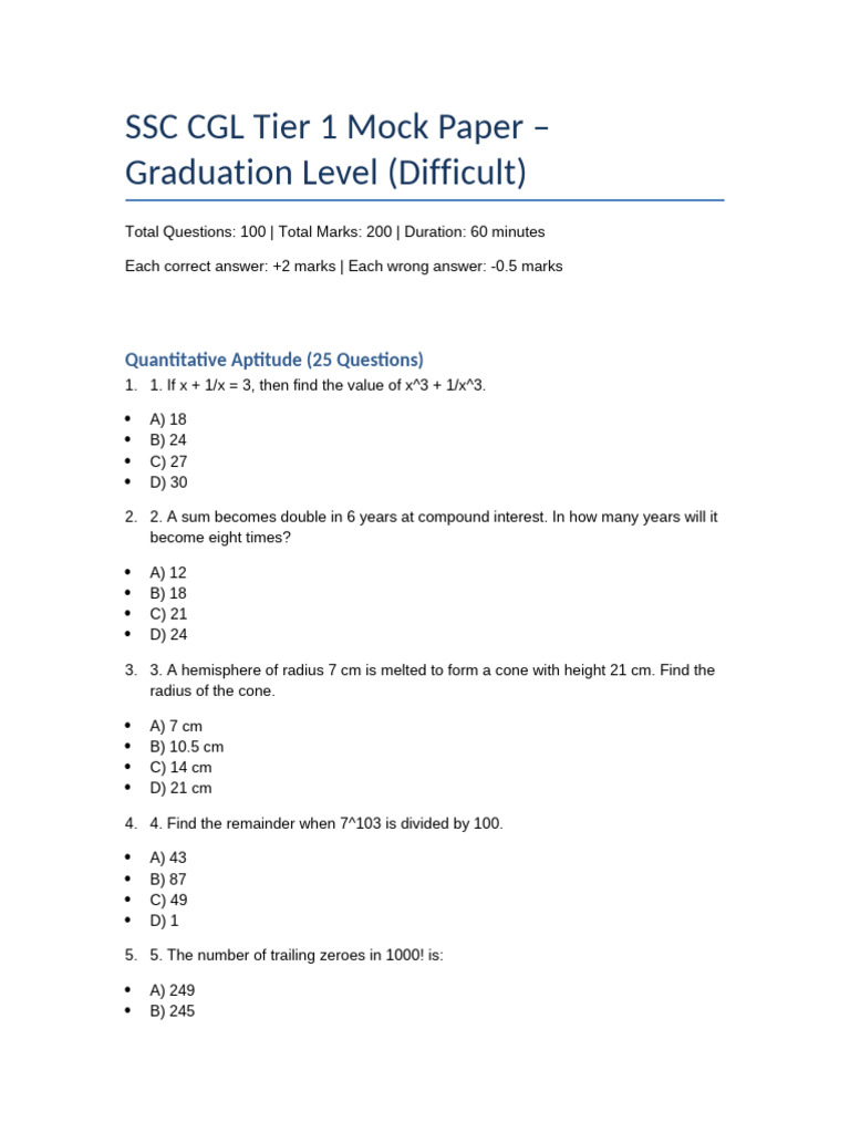 SSC CGL Tier 1 Mock Test Paper | PDF | Sphere