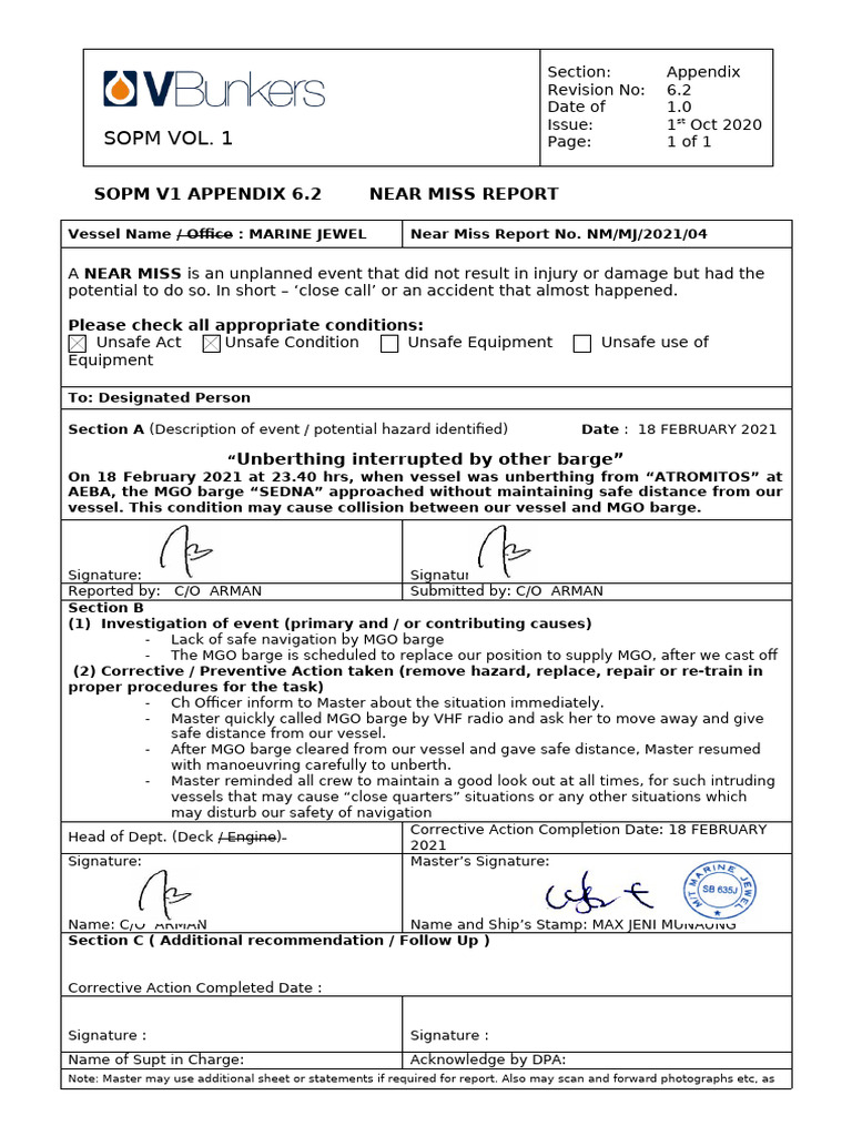 NEAR MISS REPORT NO 04-2021-Unberthing Interrupted by Other Barge | PDF ...