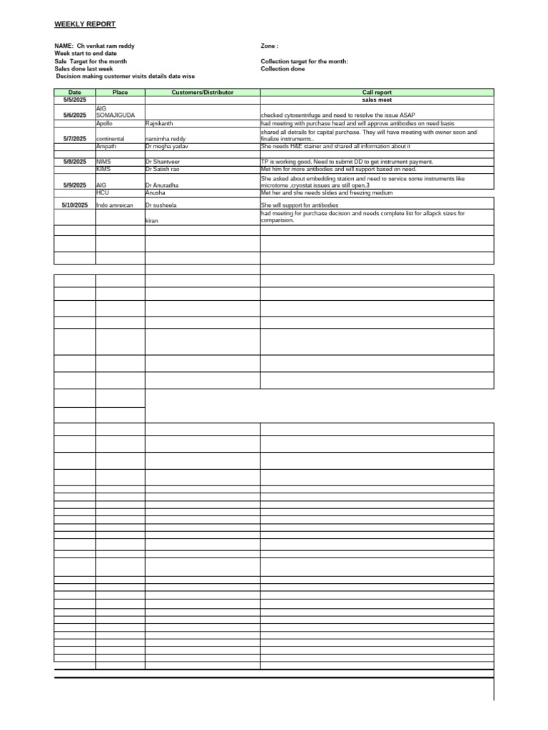Weekly Sales and Customer Visit Report | PDF