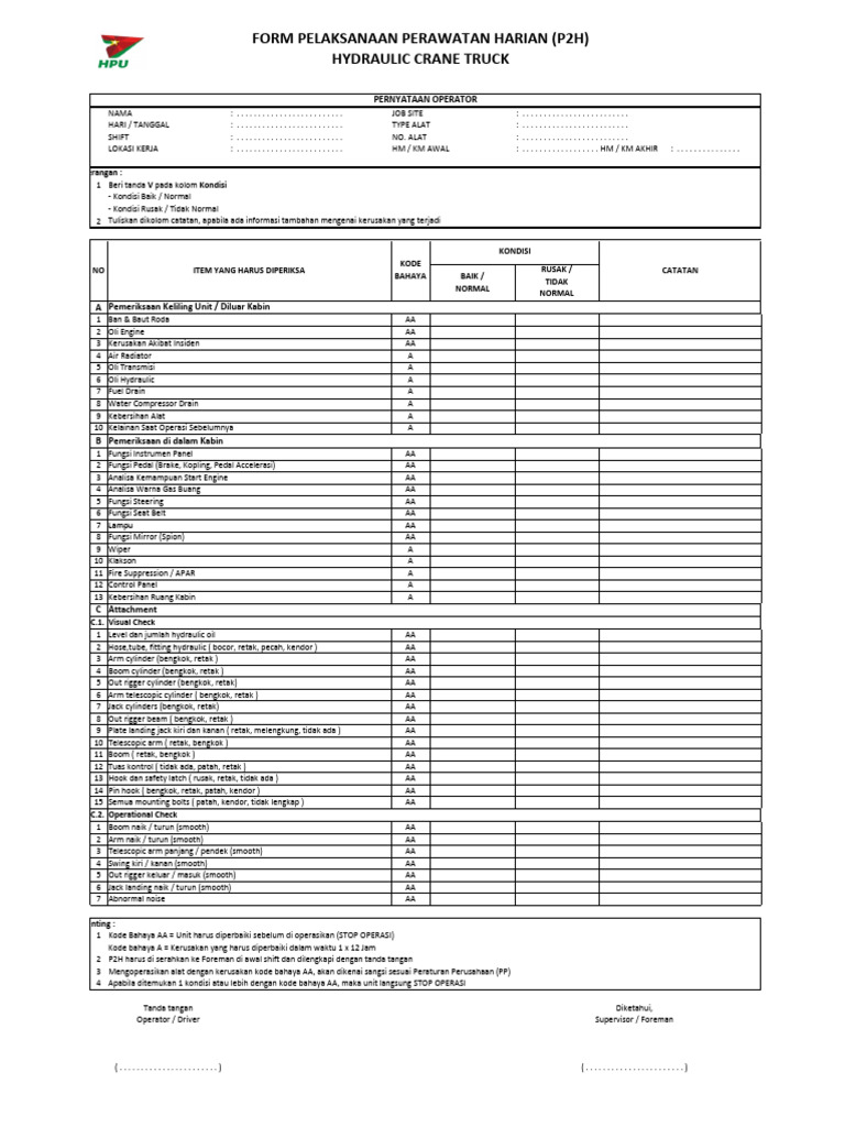 Form P2H Alat Berat Harian | PDF