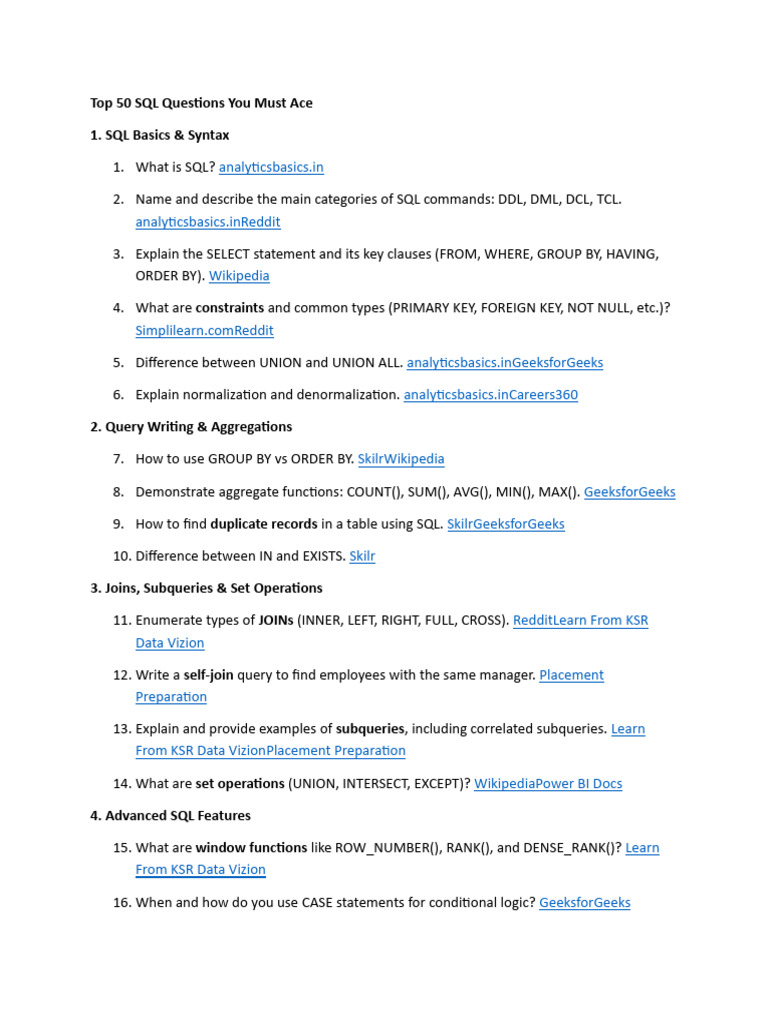 Top 50 SQL Questions You Must Ace | PDF | Sql | Database Index