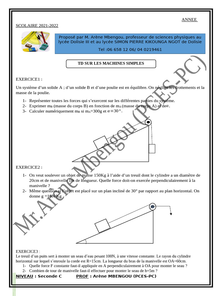 Exercices corrigés sur machines simples | PDF | Masse | Puissance ...