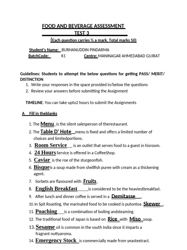 Food and Beverage Assessment Test | PDF | Sauce | Menu