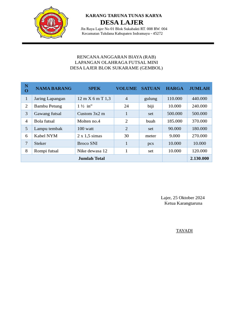 RAB Lapangan Futsal Karang Taruna | PDF