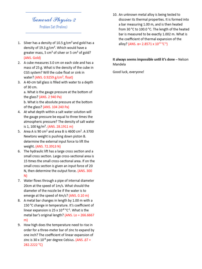 General Physics 2 Problem Set Solutions | PDF | Density | Pressure