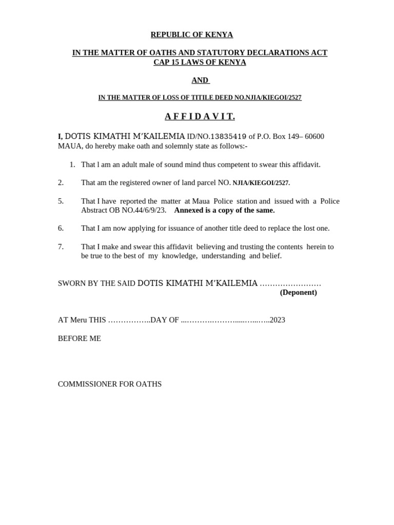 Affidavit for Lost Title Deed Kenya | PDF
