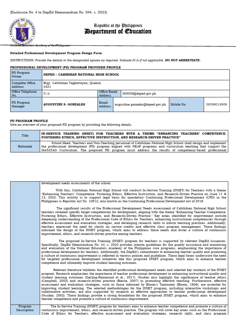 A. Detailed PD Program Design | PDF | Educational Assessment | Learning