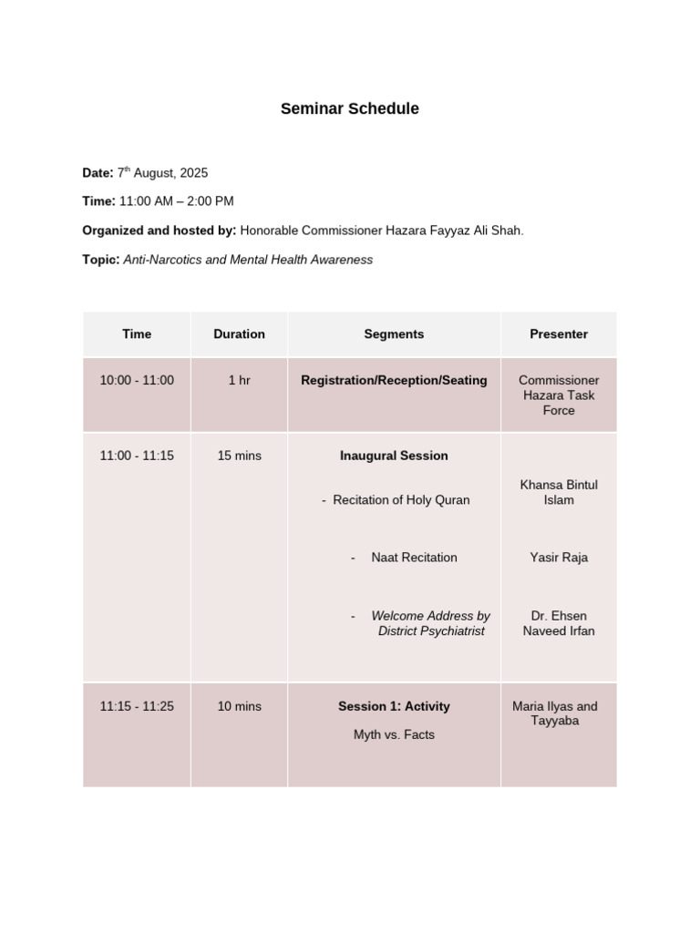 Anti-Narcotics Seminar Schedule 2025 | PDF | Substance Abuse | Social ...