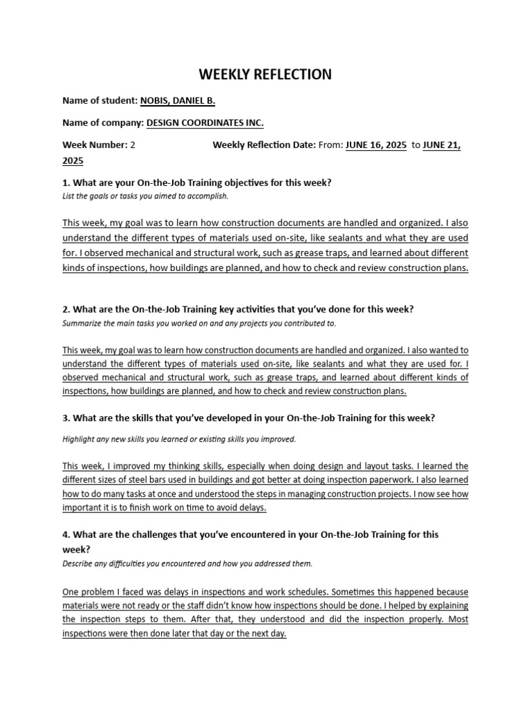 Weekly Reflection: OJT Insights and Skills | PDF