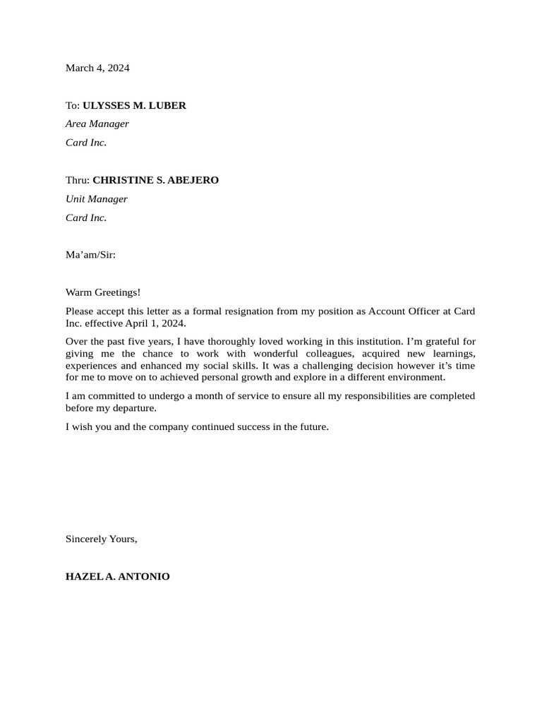 Resignation Letter from Card Inc. Employee | PDF