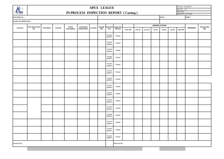 In Process Inspection Report Cutting | PDF