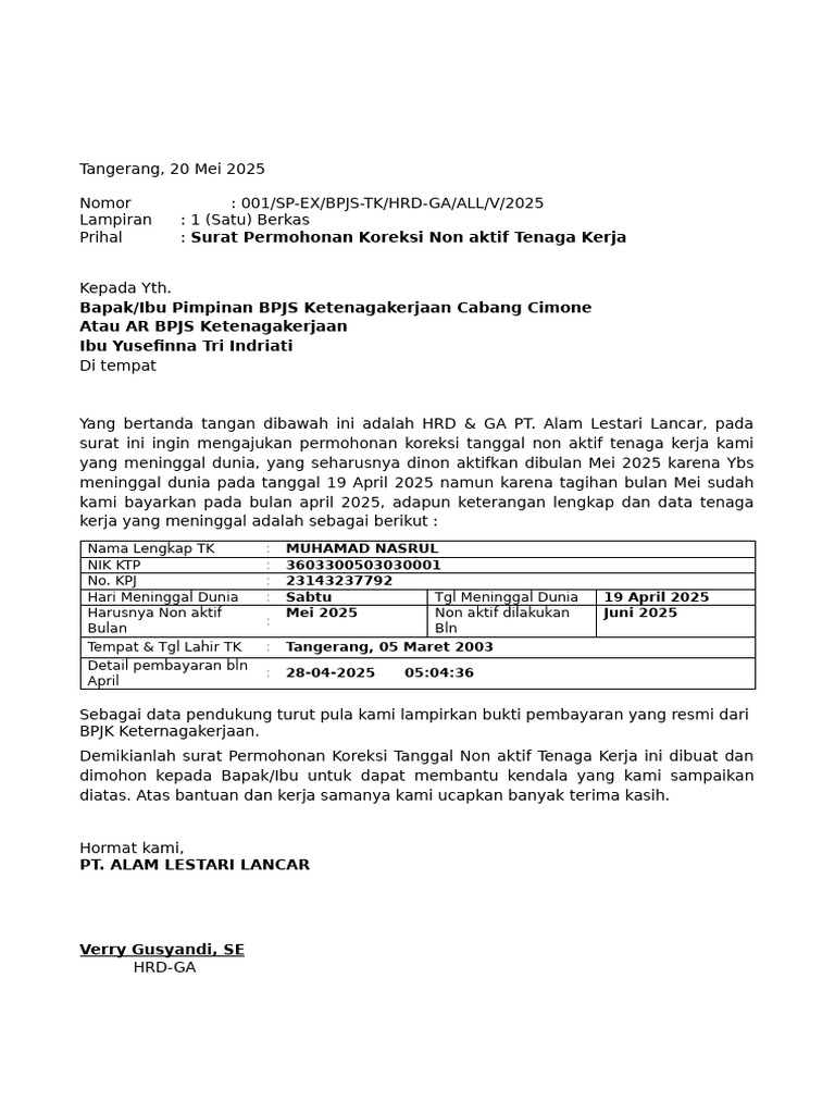 Surat Permohonan Koreksi Non Aktif BPJS TK - M Nasrul | PDF