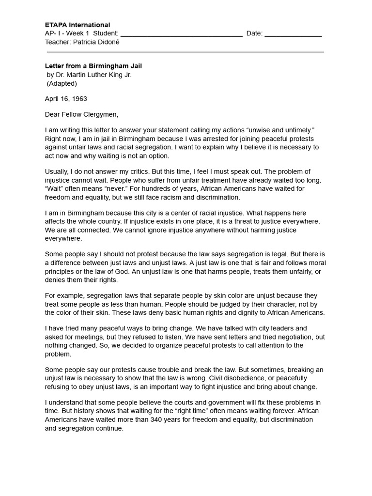 Letter From Birmingham Jail - Adapted 700 Words | PDF | Racial ...