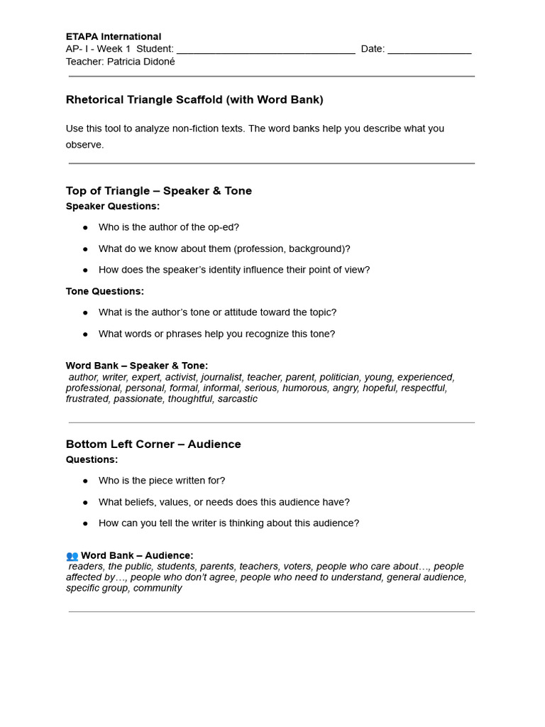 Rhetorical Triangle Scaffold With Wordbank | PDF | Human Communication ...