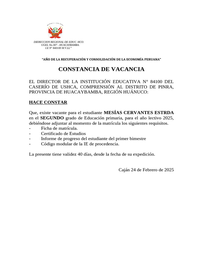 constancia de vacancia. 2025 | PDF