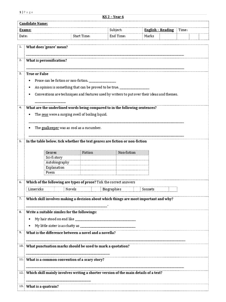 English - Reading - Y6 - Practice Questions | PDF