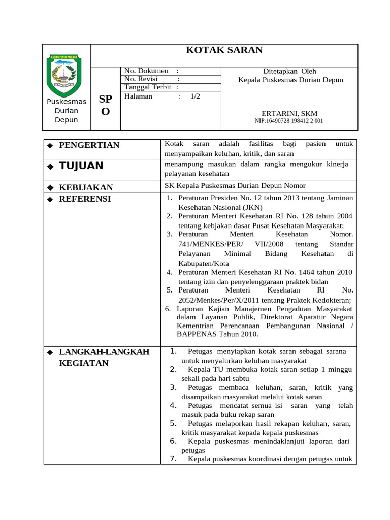 Kotak Saran Puskesmas Durian Depun | PDF