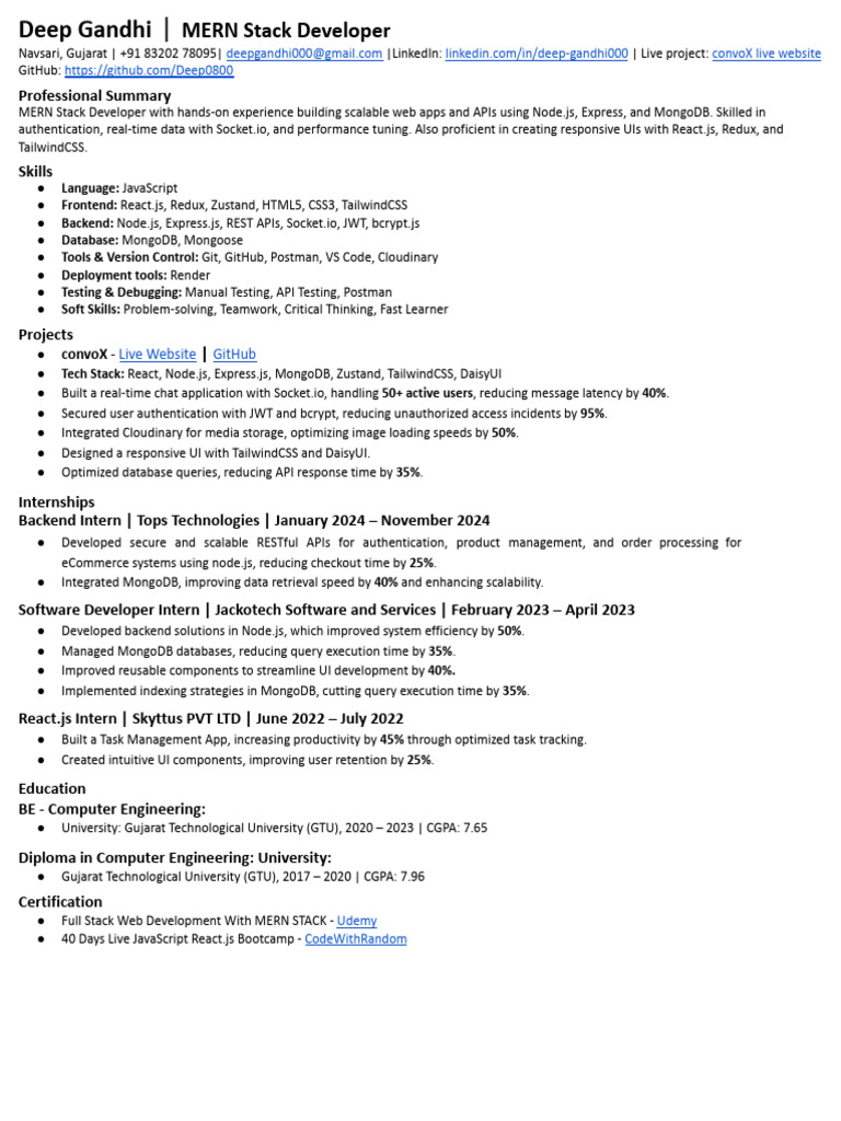 Deep Gandhi Resume MERN Developer | PDF | Mongo Db | Web Development