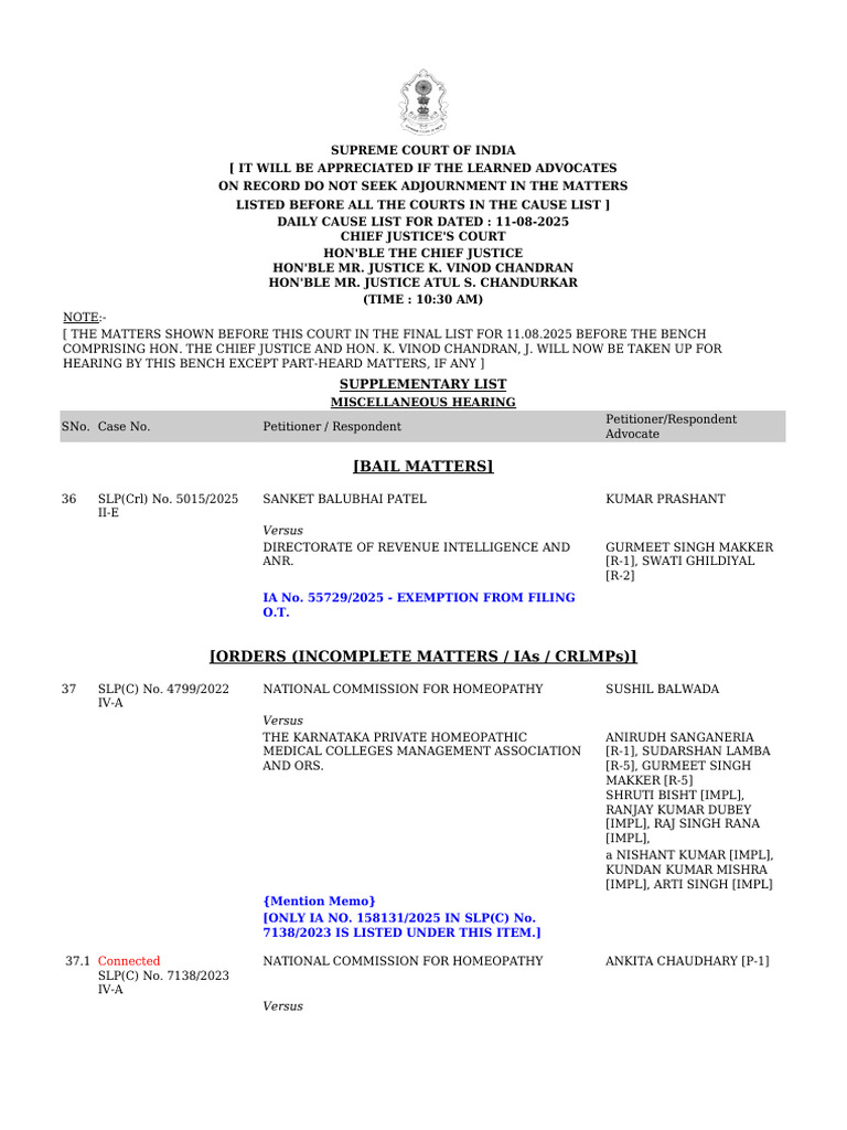 Supreme Court Daily Cause List 11-08-2025 | PDF | Government Of India