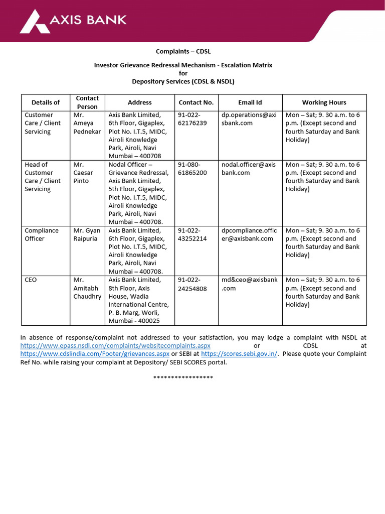 Axis Bank Grievance Escalation Matrix | PDF | Financial Markets ...
