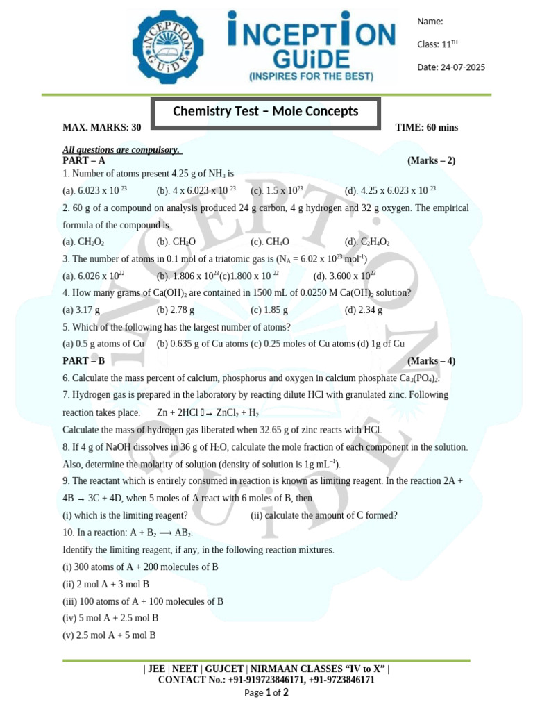 Chemistry Test on Mole Concepts | PDF | Mole (Unit) | Materials